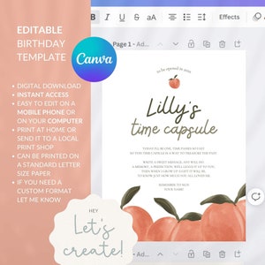 Sweet as a Peach Birthday Time Capsule for Peach Themed First Birthday ...