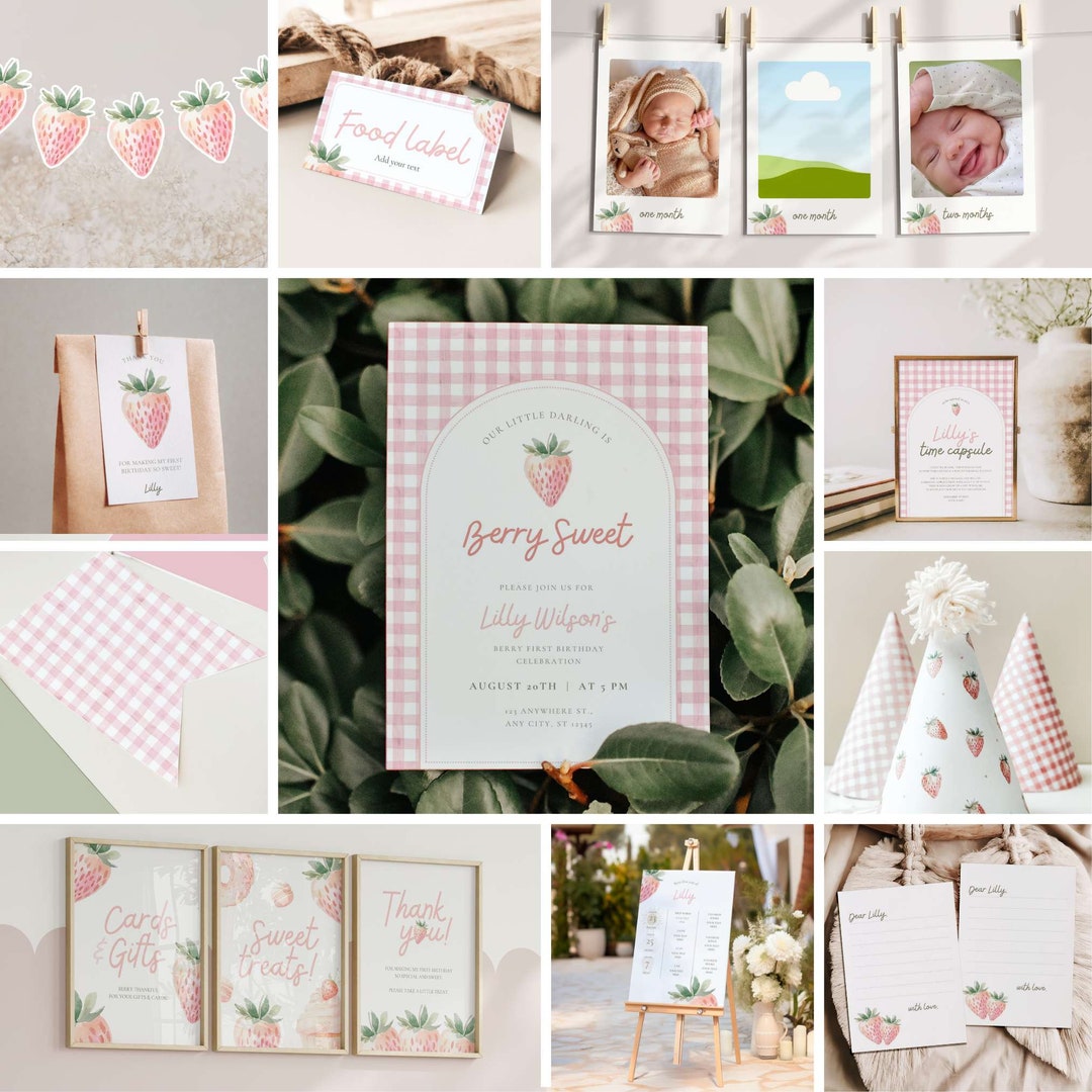 Strawberry First Birthday Party Bundle: Editable Canva Templates - Etsy