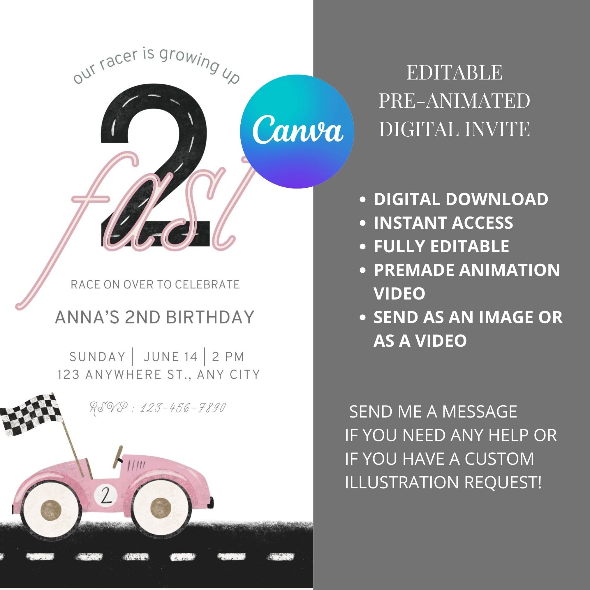 Editable TWO Fast Birthday Invitation Racecar 2nd Girl - Etsy