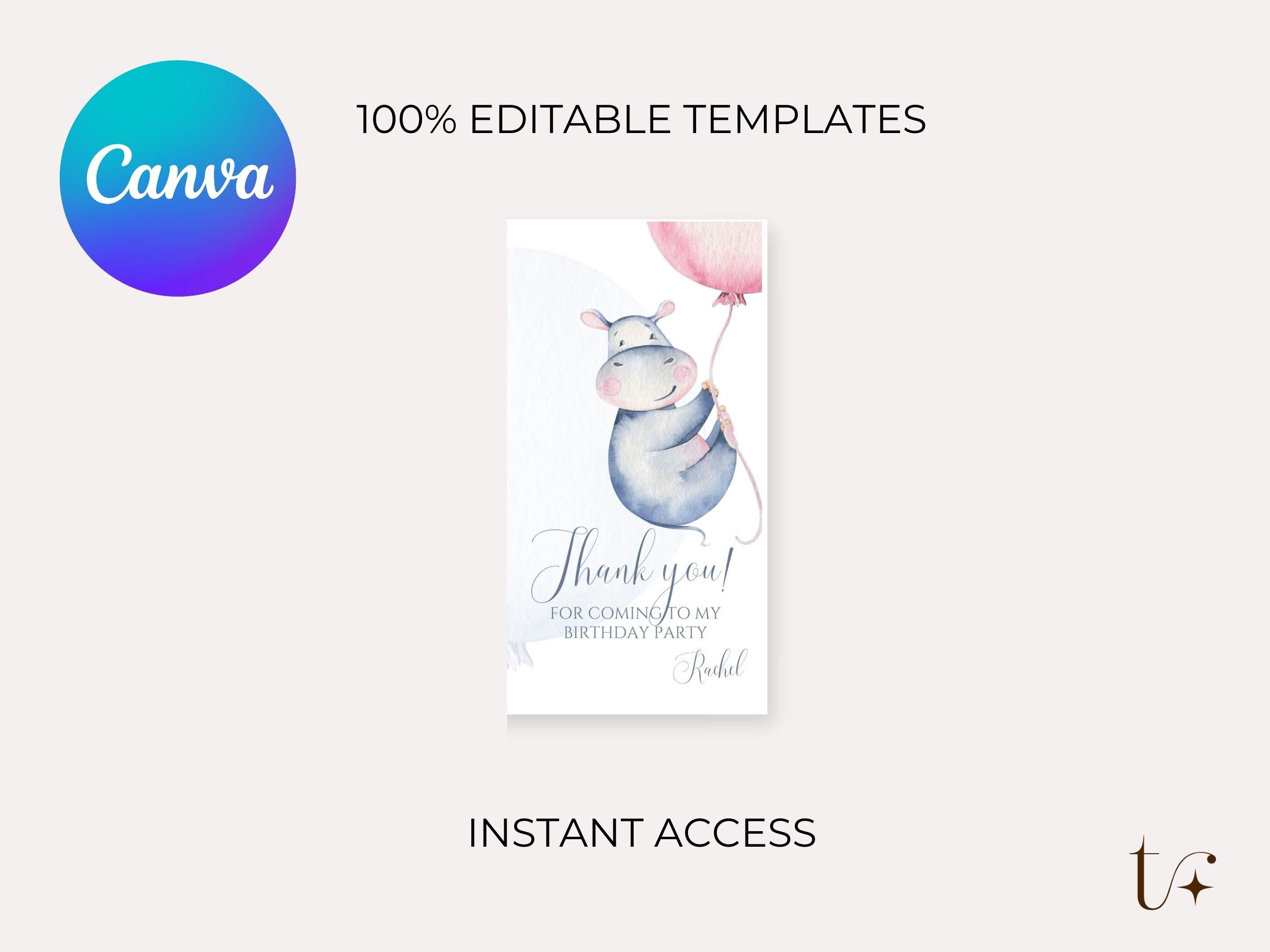 Watercolor Hippo Birthday Favor Tag: Editable Canva Template - Etsy