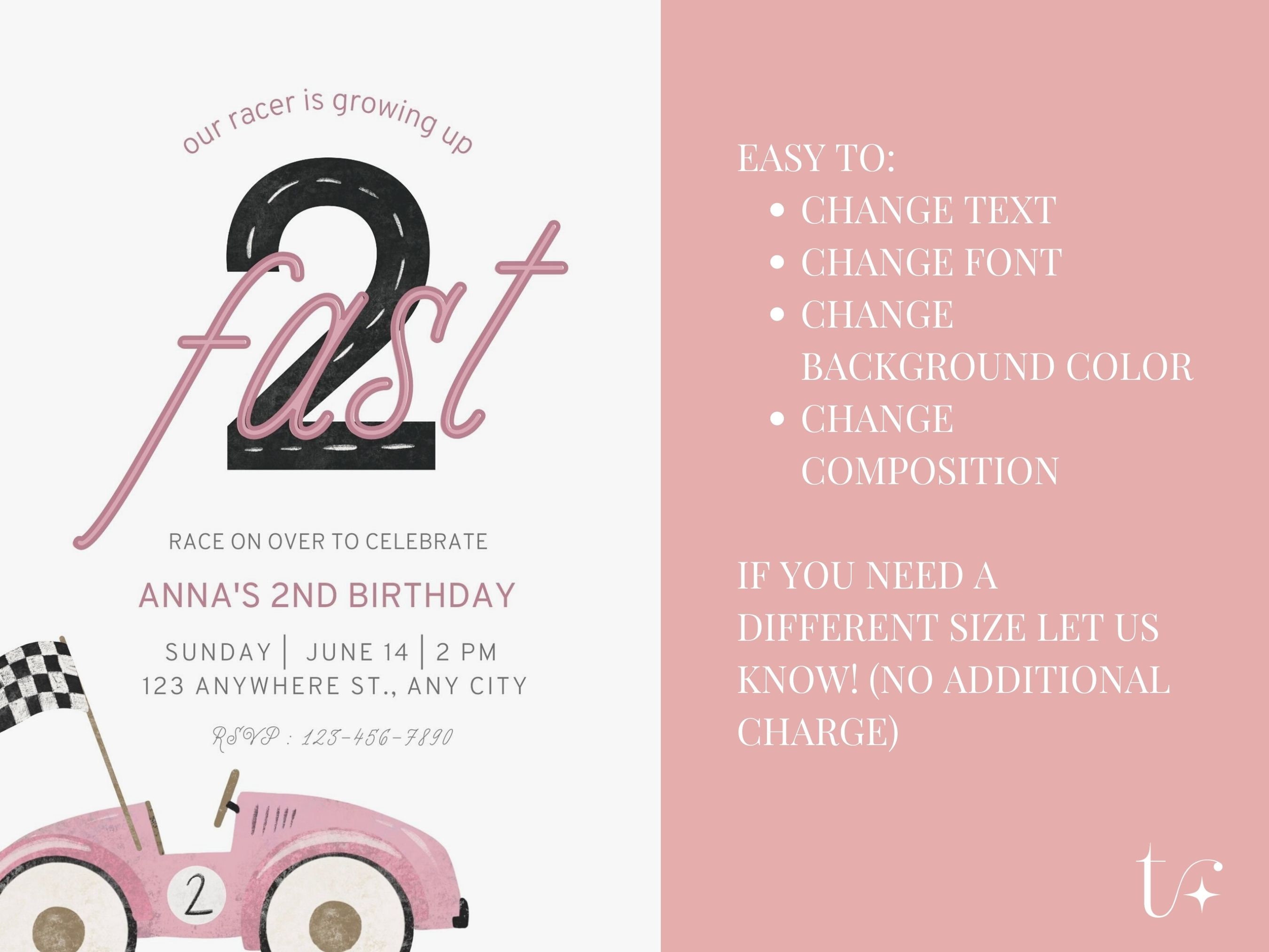 Editable TWO Fast Birthday Invitation Pink Race Car 2nd - Etsy