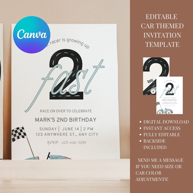 Editable TWO Fast Birthday Invitation Race Car 2nd Birthday - Etsy