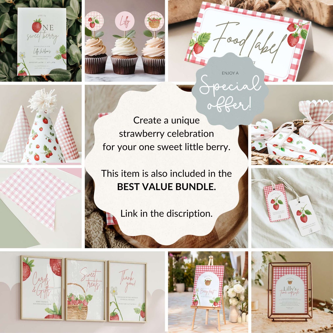 Berry First Birthday Table Signs: Red Gingham, Editable Template - Etsy