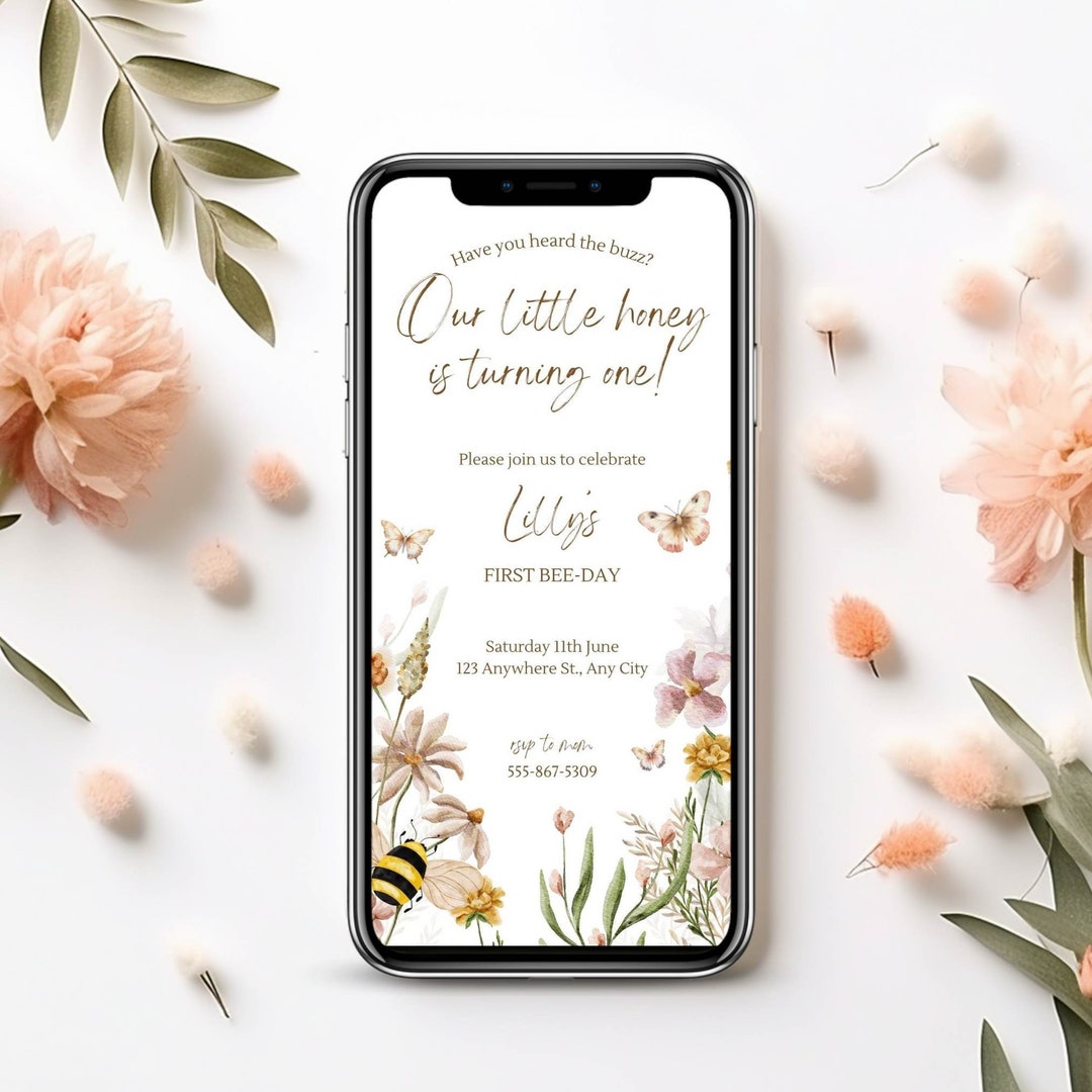 Animated Bee Birthday Invitation First Bee Day Invite Floral Bee 1st ...