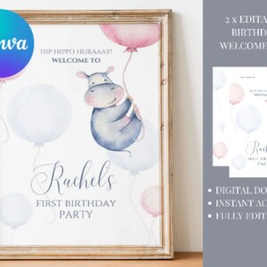 Watercolor Hippo Birthdaytemplate Bundle, First Birthday Bundle, Hippo ...