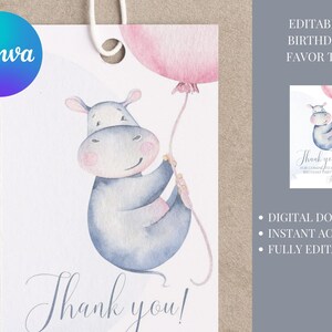 Watercolor Hippo Birthday Favor Tag: Editable Canva Template - Etsy
