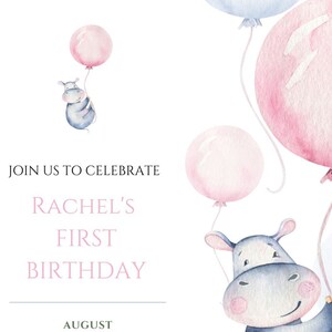 Watercolor Hippo Birthday Party Invitation, Birthday Party Editable ...