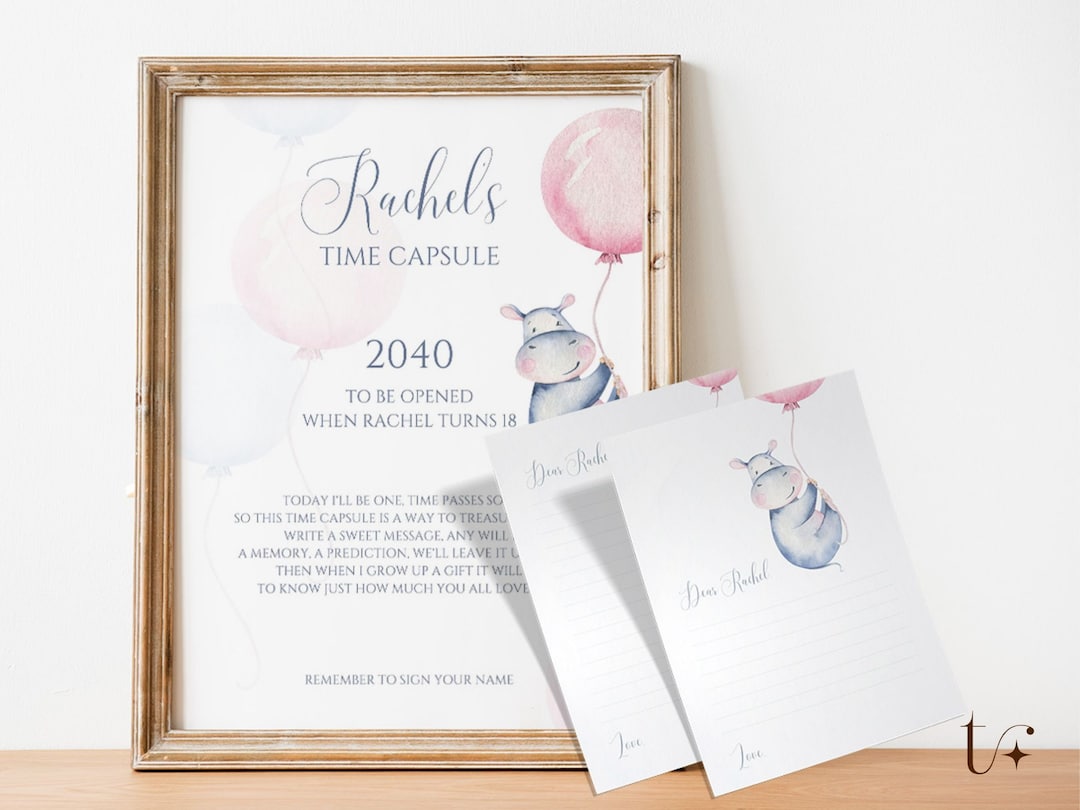 Watercolor Hippo Time Capsule Template, Time Capsule First Birthday ...