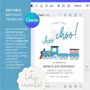 Blue Train 5th Birthday Invitation for Boy – Choo Choo Editable Party ...