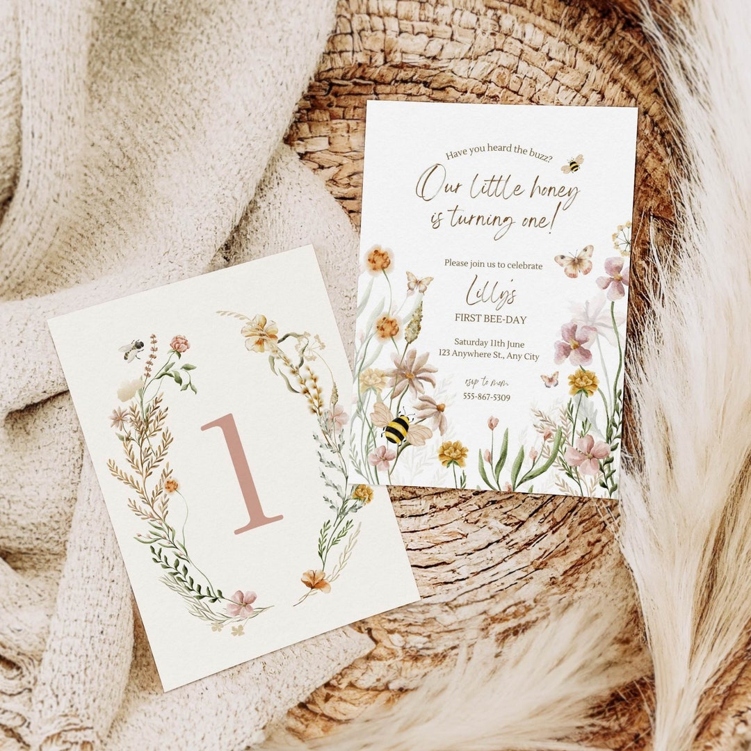 First Bee Day Birthday Party Invitation First Bee Day Floral 1st ...