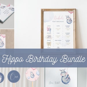 Watercolor Hippo Birthdaytemplate Bundle, First Birthday Bundle, Hippo ...