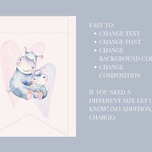 Watercolor Hippo Birthday Banner Template: Editable Party Decoration ...