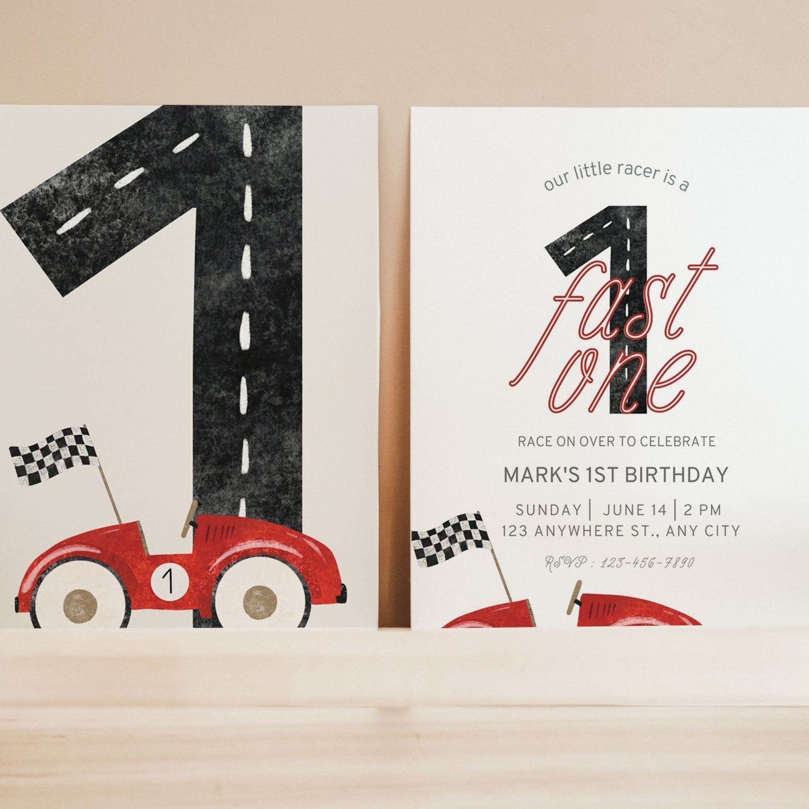 Fully Editable FAST ONE Racing Car First Birthday Invitation / RED 1st ...