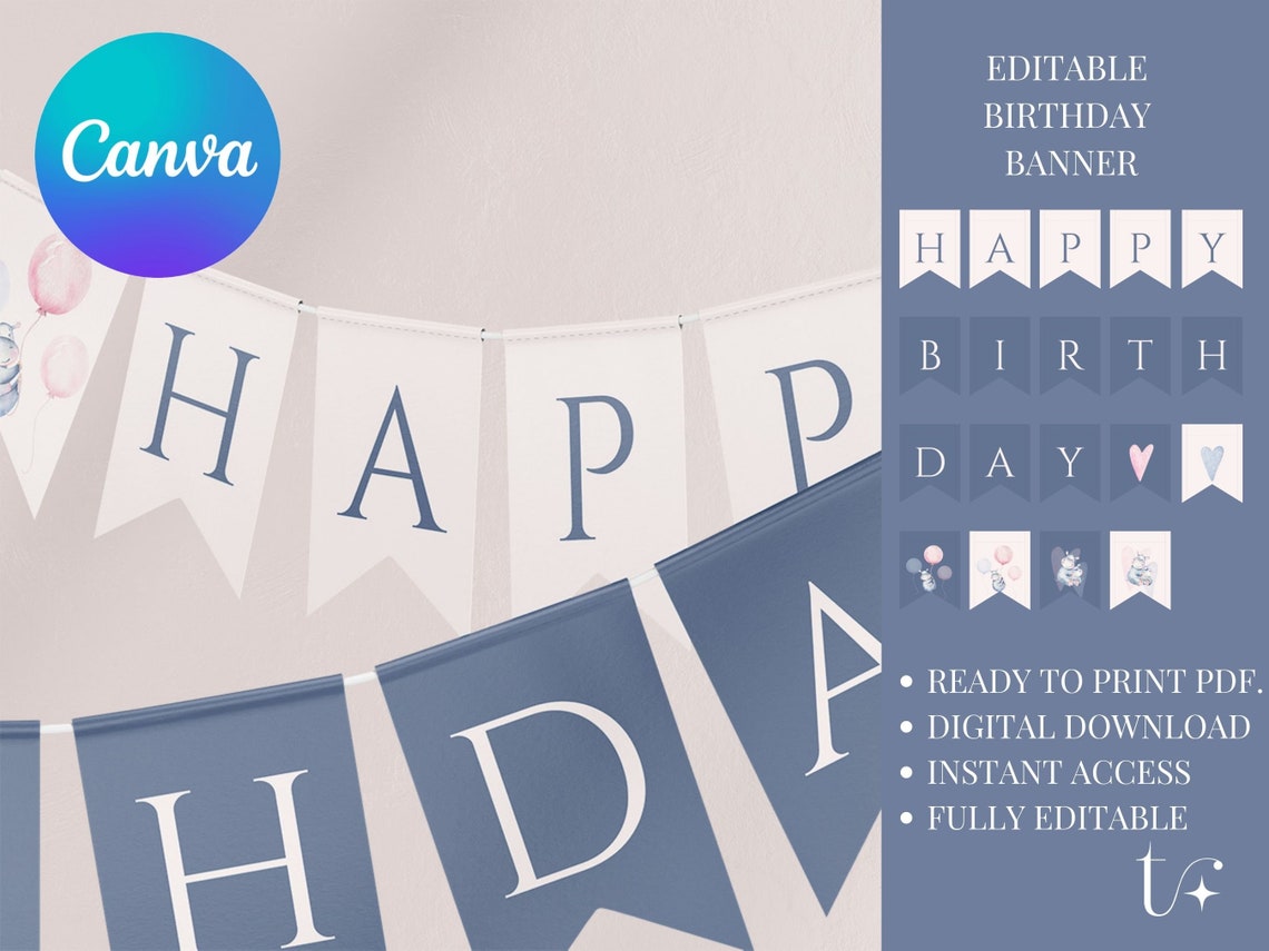 Watercolor Hippo Birthday Banner Template: Editable Party Decoration ...