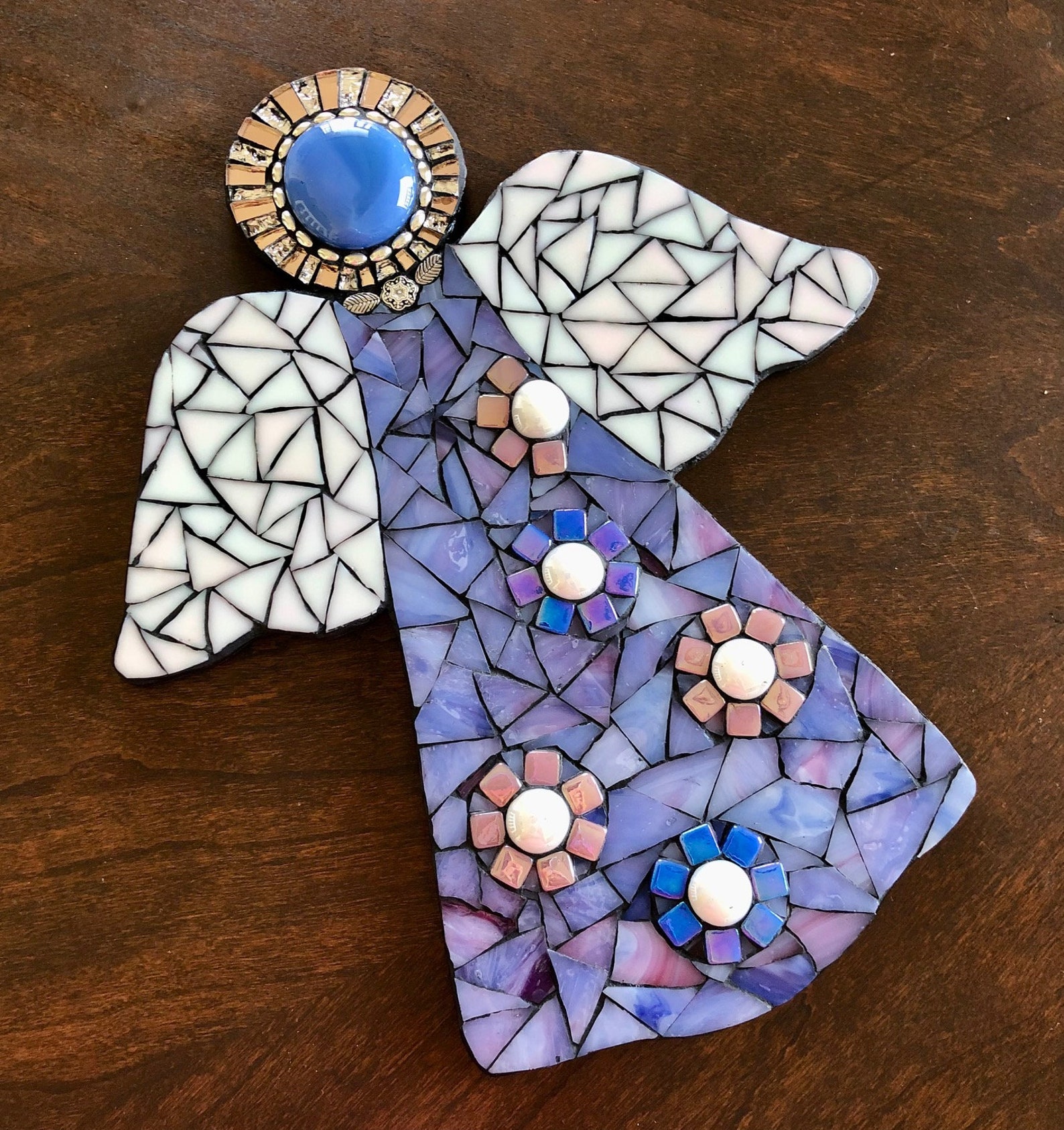 Mosaic Angel With Blue and Pink Flowers large - Etsy