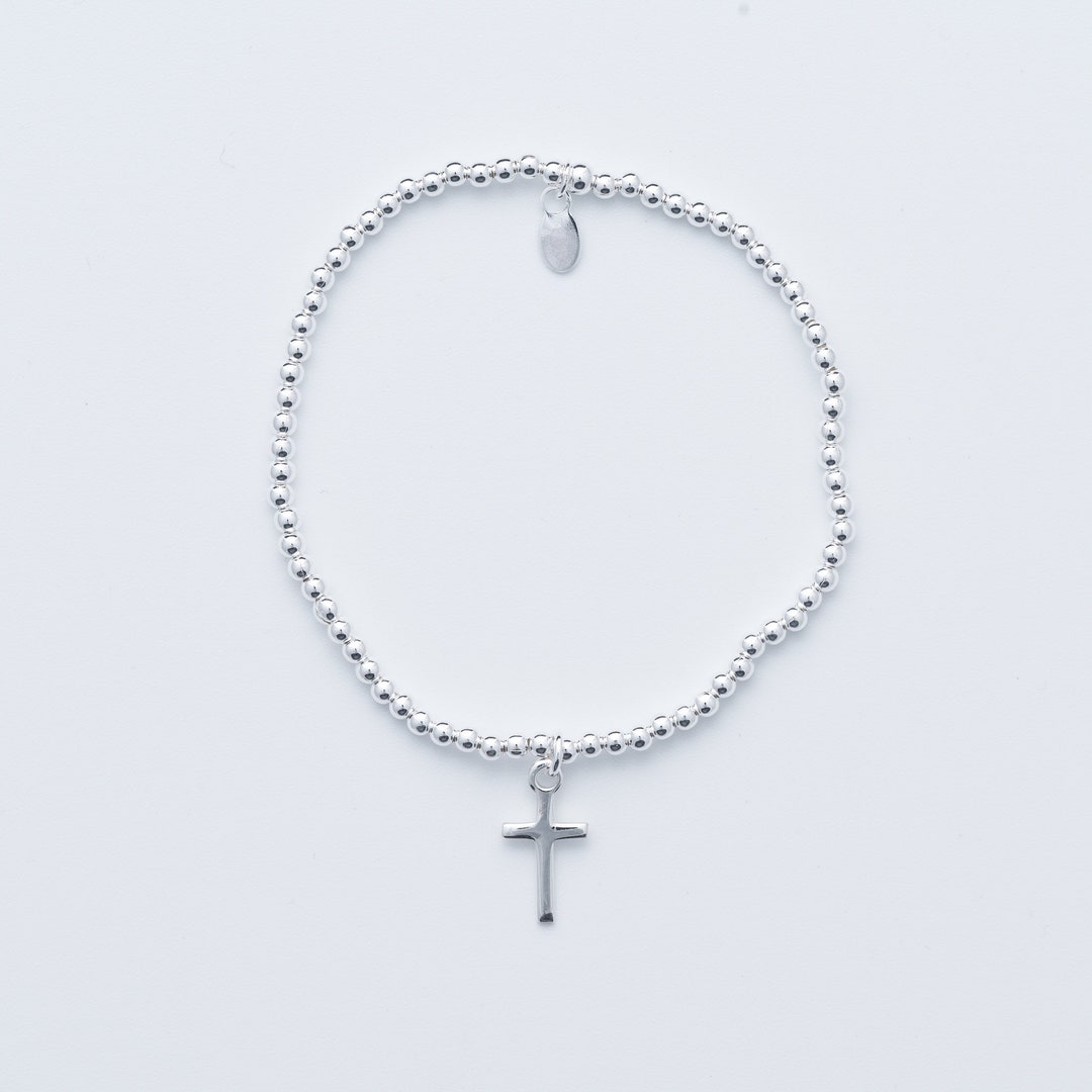 Sterling Silver Cross Charm Bracelet, Unisex Bracelet, Elegant Beaded ...