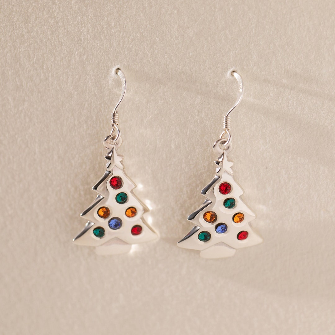 Sterling Silver Christmas Tree Earrings With Multi-coloured Cubic ...