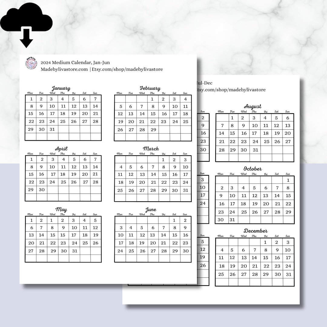 Medium Monthly Calendar PRINTABLE 2024, DIGITAL DOWNLOAD Calendar Small ...