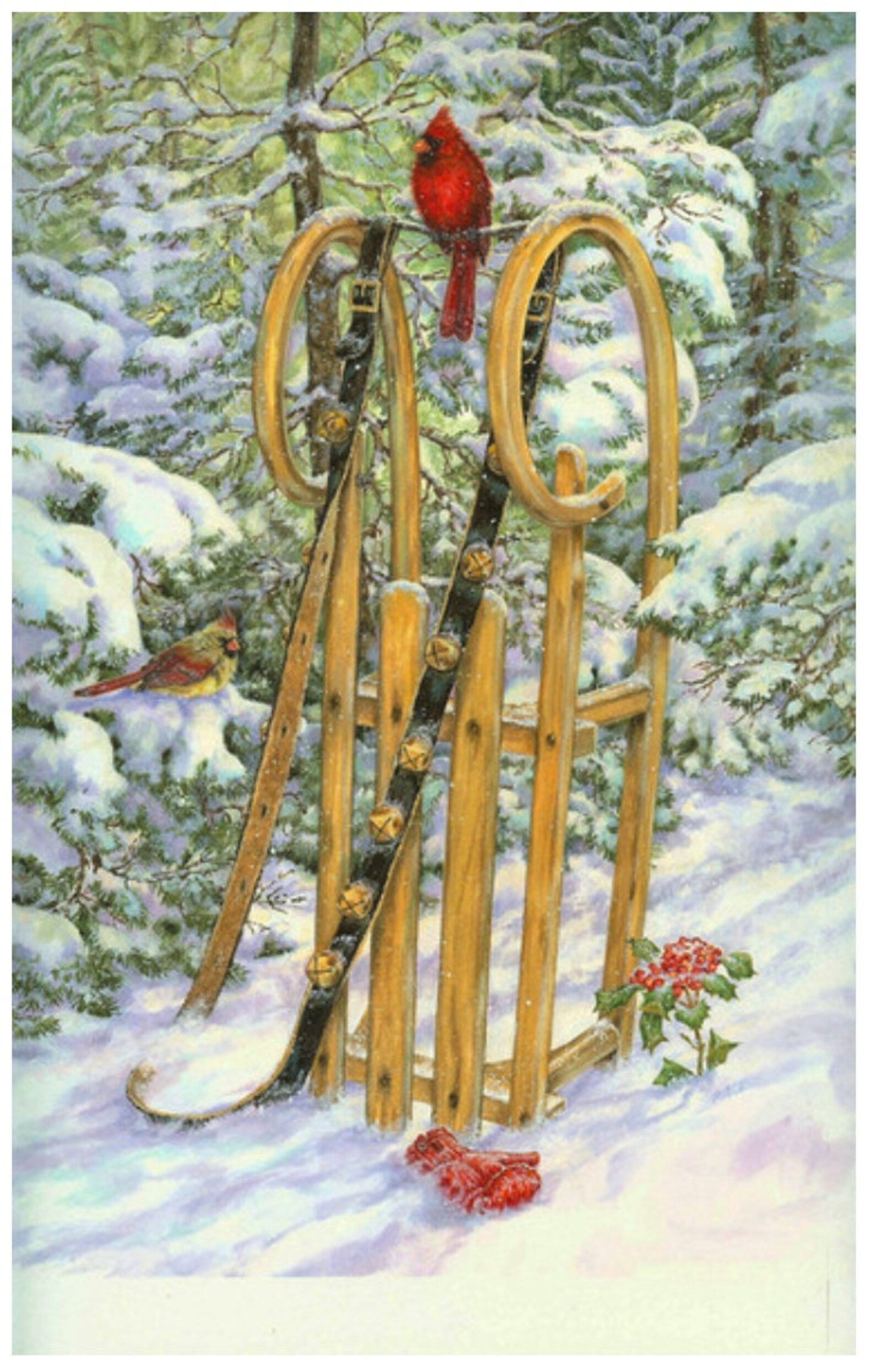 House Flag Male and Female Cardinal Birds on an Old Wooden Sled With ...