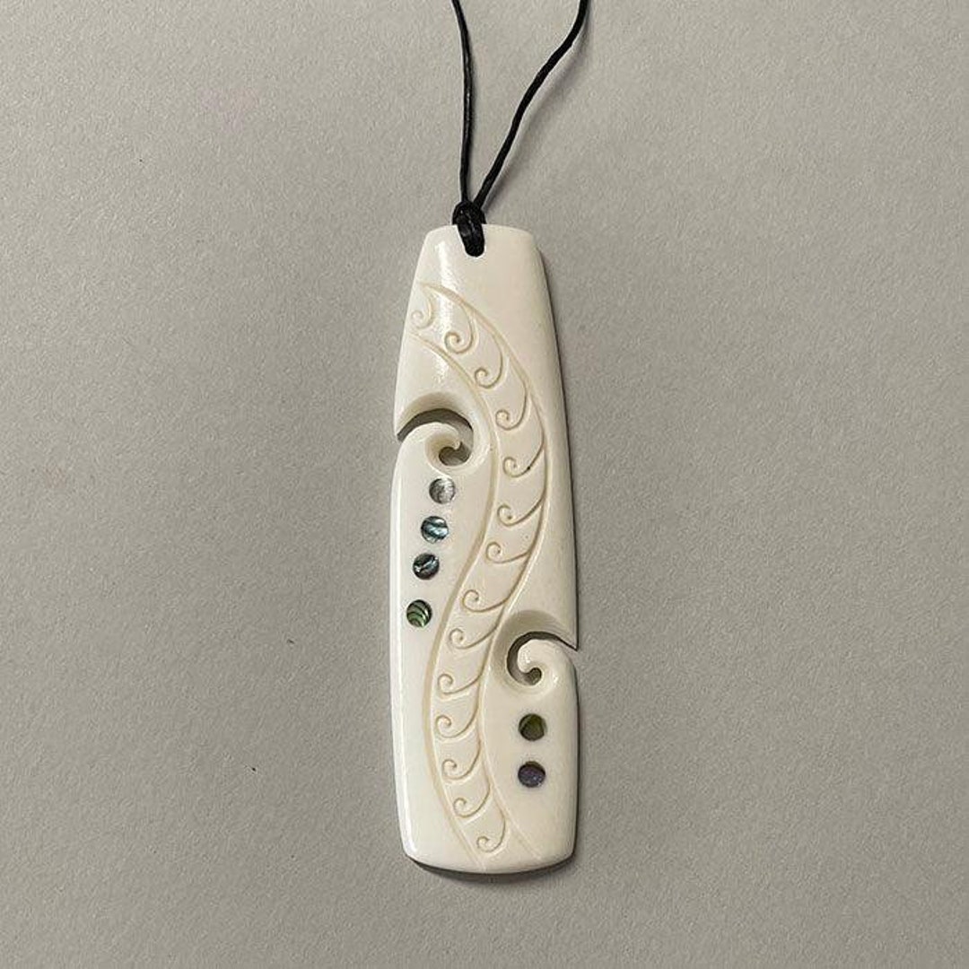Hand Carved Bone Maori Toki Necklace With Paua Shell New Zealand Made ...