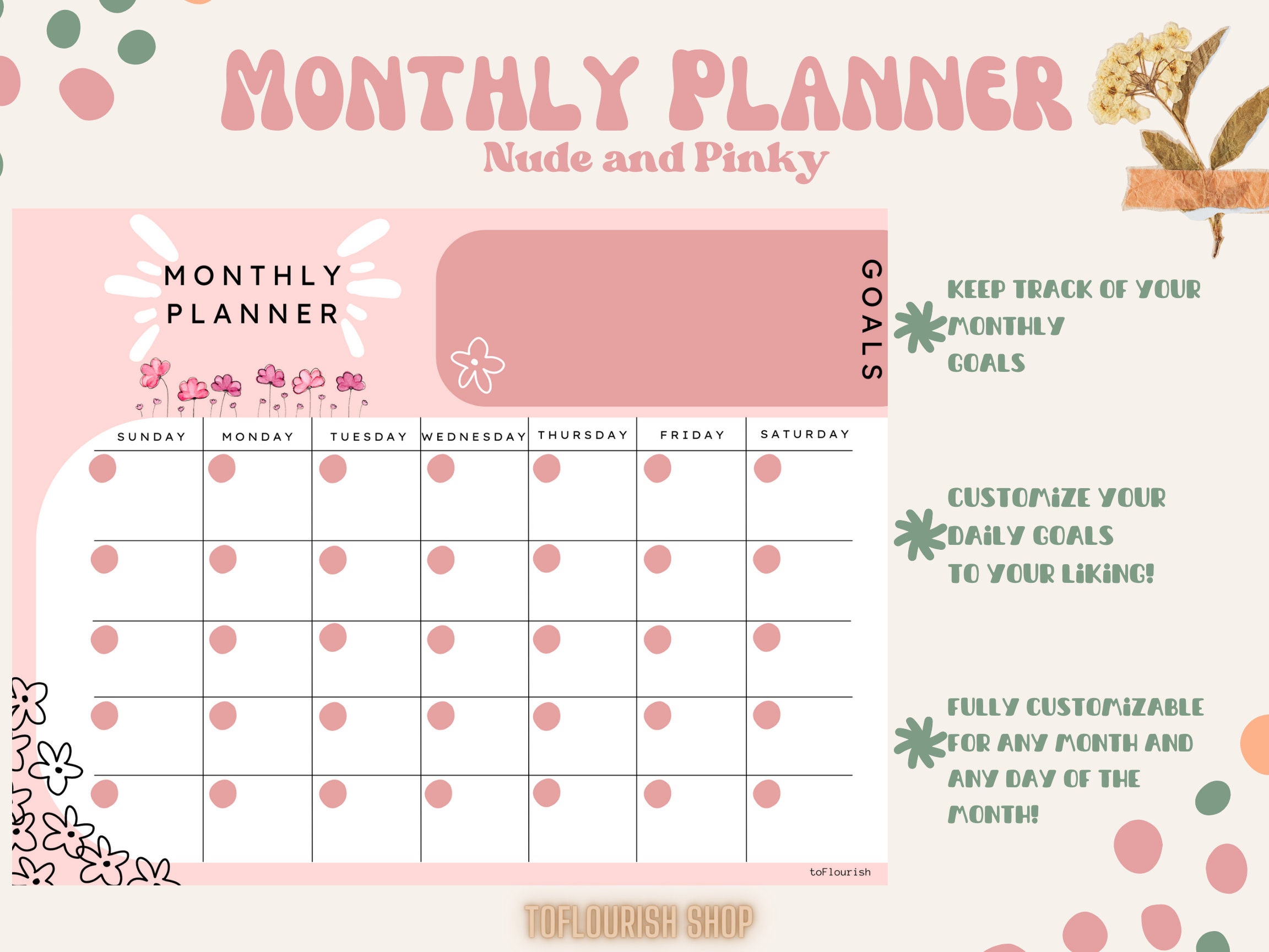 Nude and Pinky Monthly Planner Printable, Customizable, Cute, Aesthetic ...