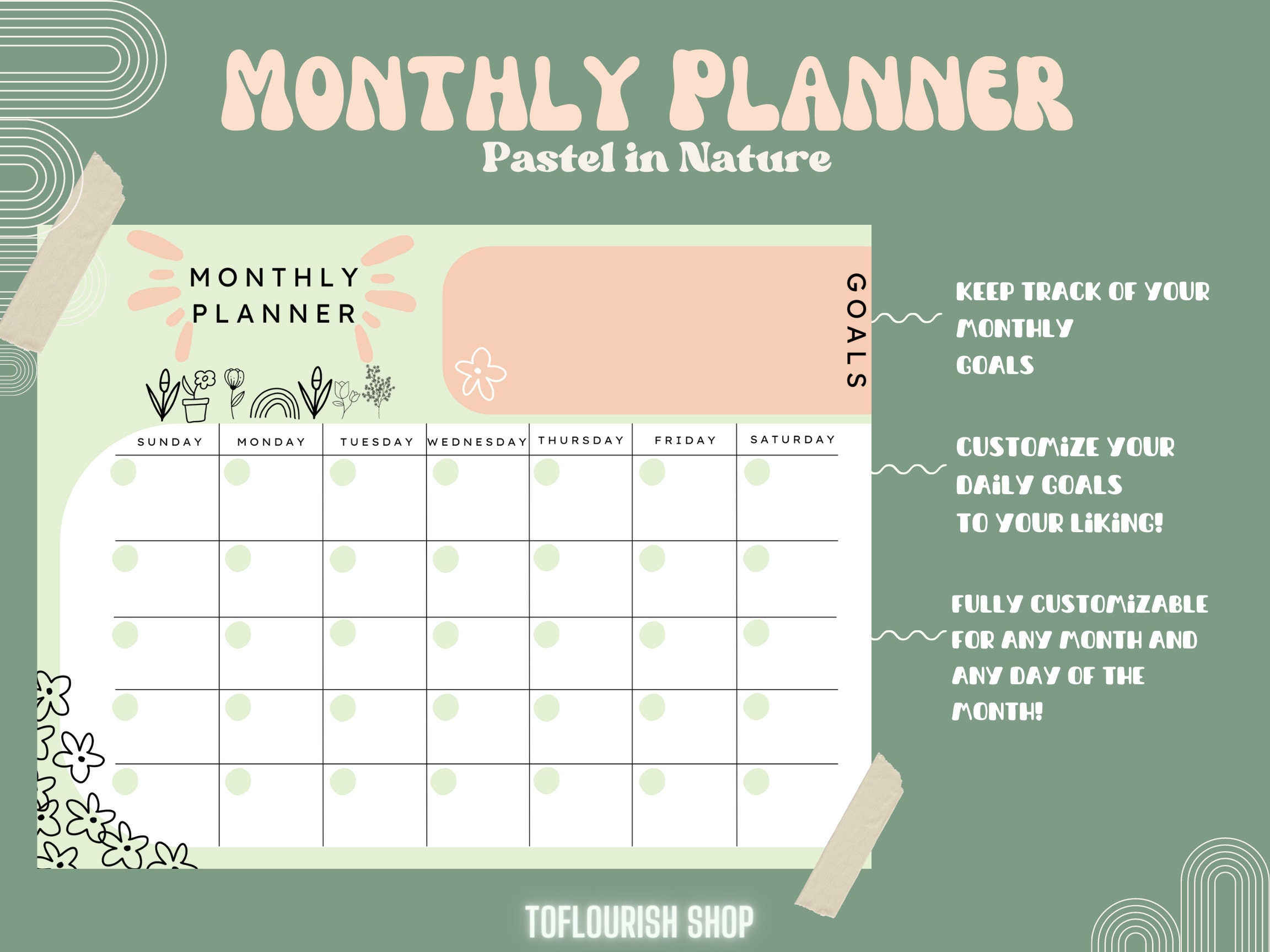 Pastel Green Monthly Planner Printable, Organizer, Tracker, Goals ...