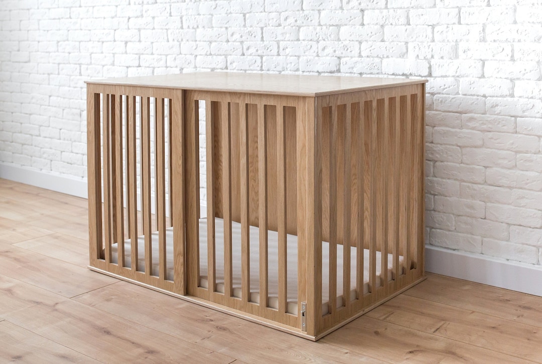 Oak Dog Crate Furniture: Modern Wooden Kennel With Sliding Door - Etsy