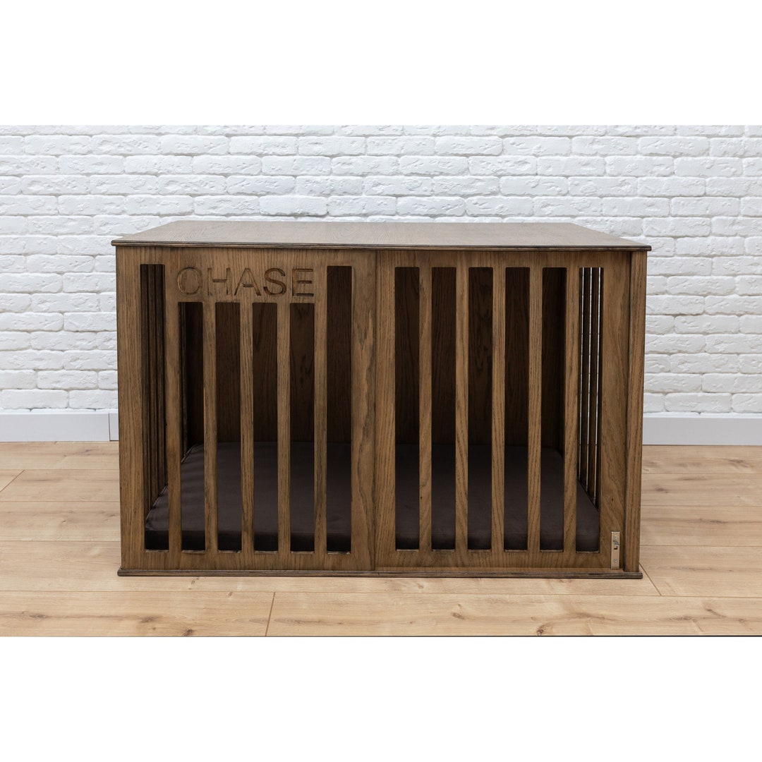 Wood Modern Dog Crate With Sliding Door and Name, Oak Dog Crate ...