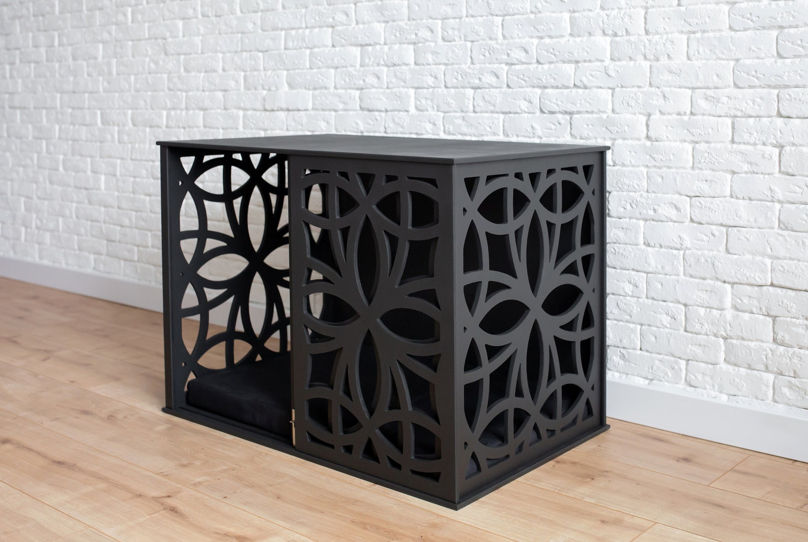 Modern Black Dog Crate: Wooden Pet Kennel With Sliding Door - Etsy