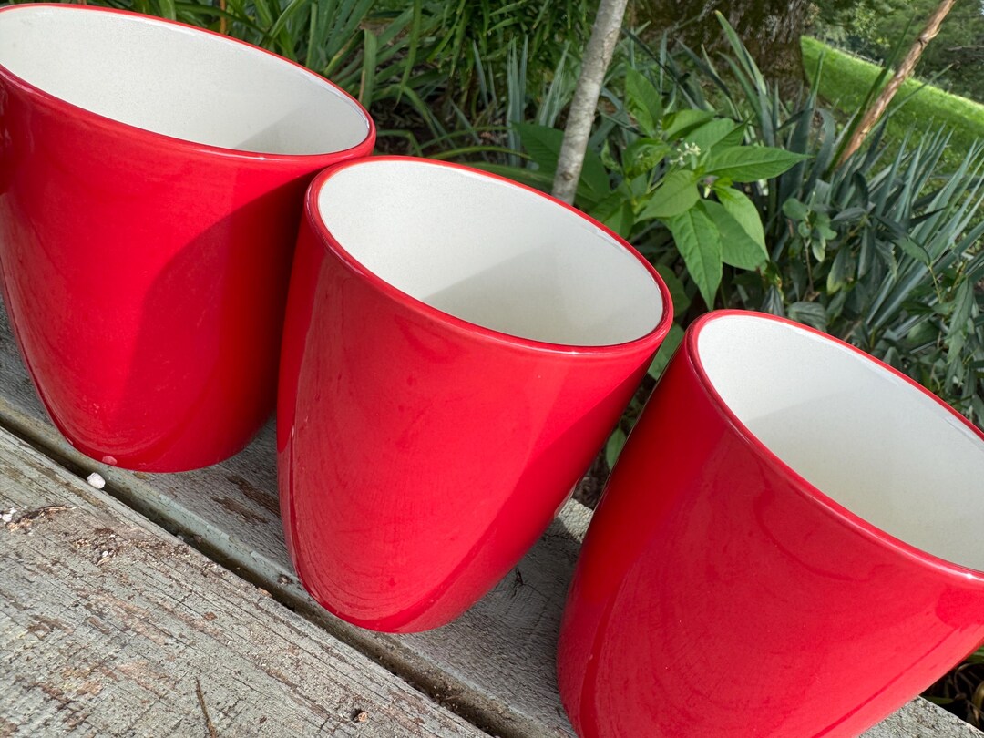 Thompson Pottery Red Coffee Mugs White Inside Vintage Pottery Cups Set ...