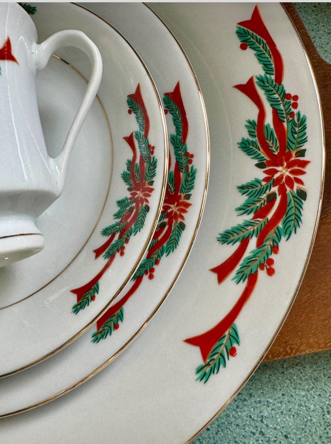 Vintage Poinsettia and Ribbons Christmas Dinnerware Red and Green With ...