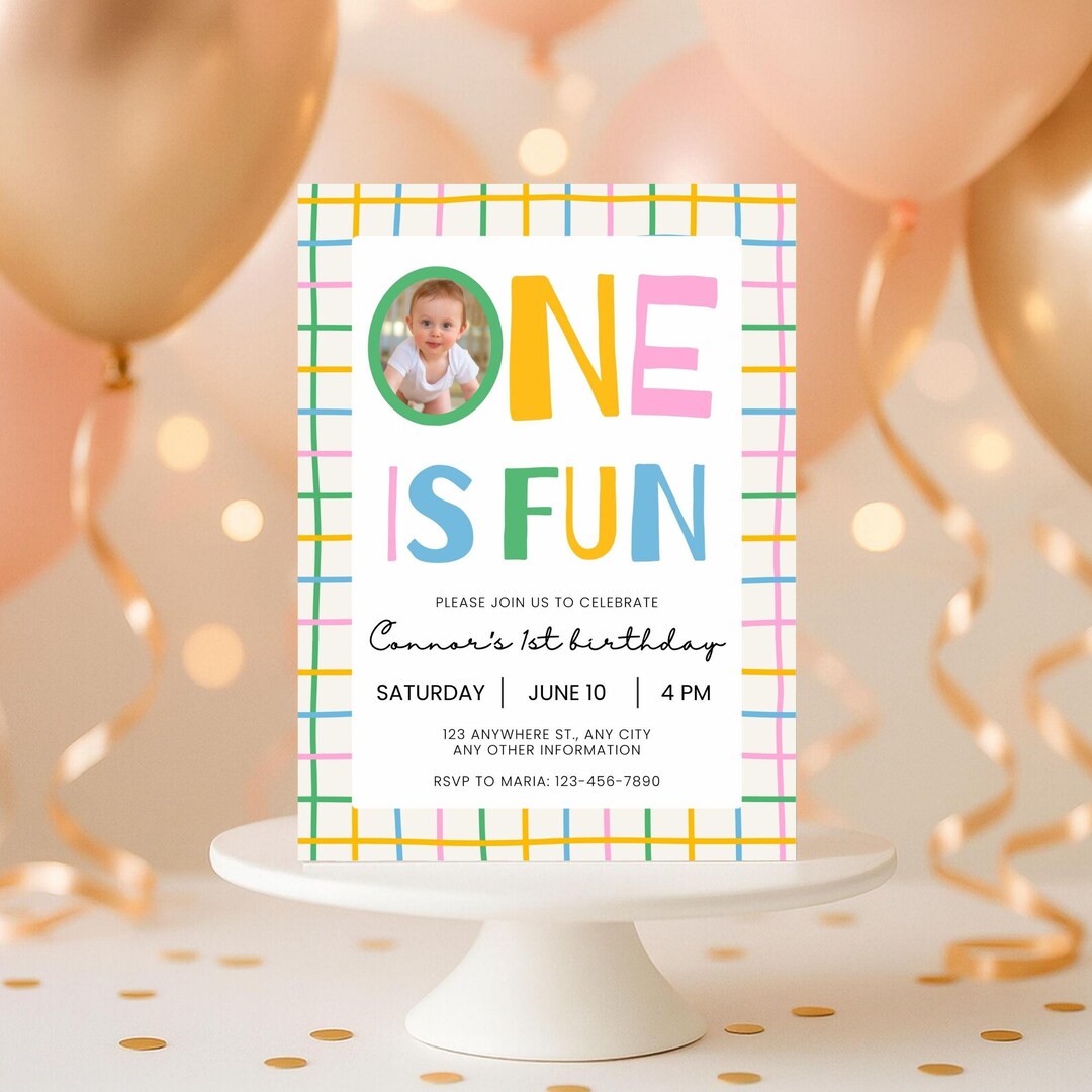 One is Fun 1st Birthday Invitation, Editable CANVA Template, Colorful ...