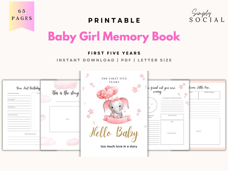 Baby Memory Book Printable PDF for Girls, Baby Book First Five Years ...