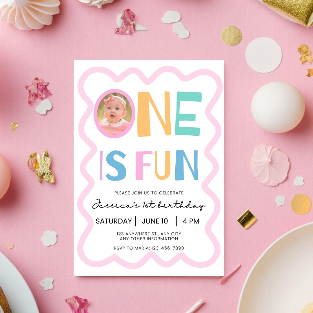 One is Fun First Birthday Invite for Girls, Playful Colorful Design ...