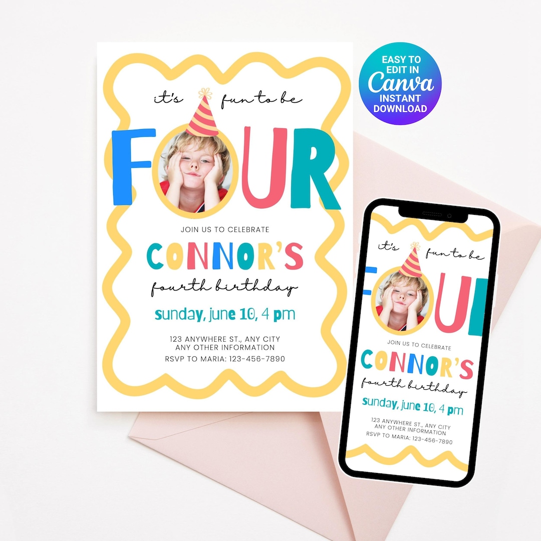 Fourth Birthday Photo Invitation With Party Hat, Colorful 4th Birthday ...