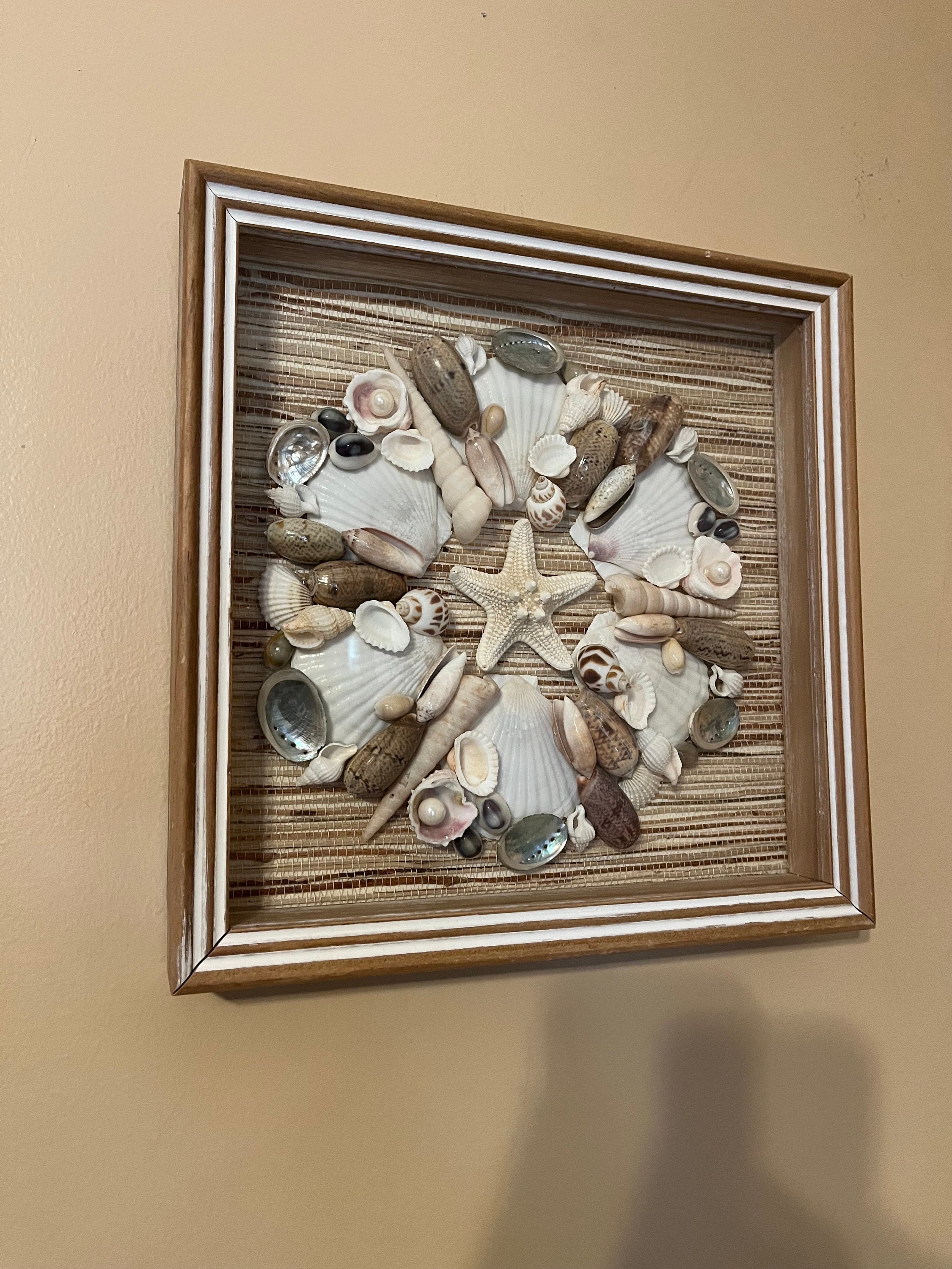 White Washed & Natural Square Seashell Shadowbox, Nautical Beachcomber ...