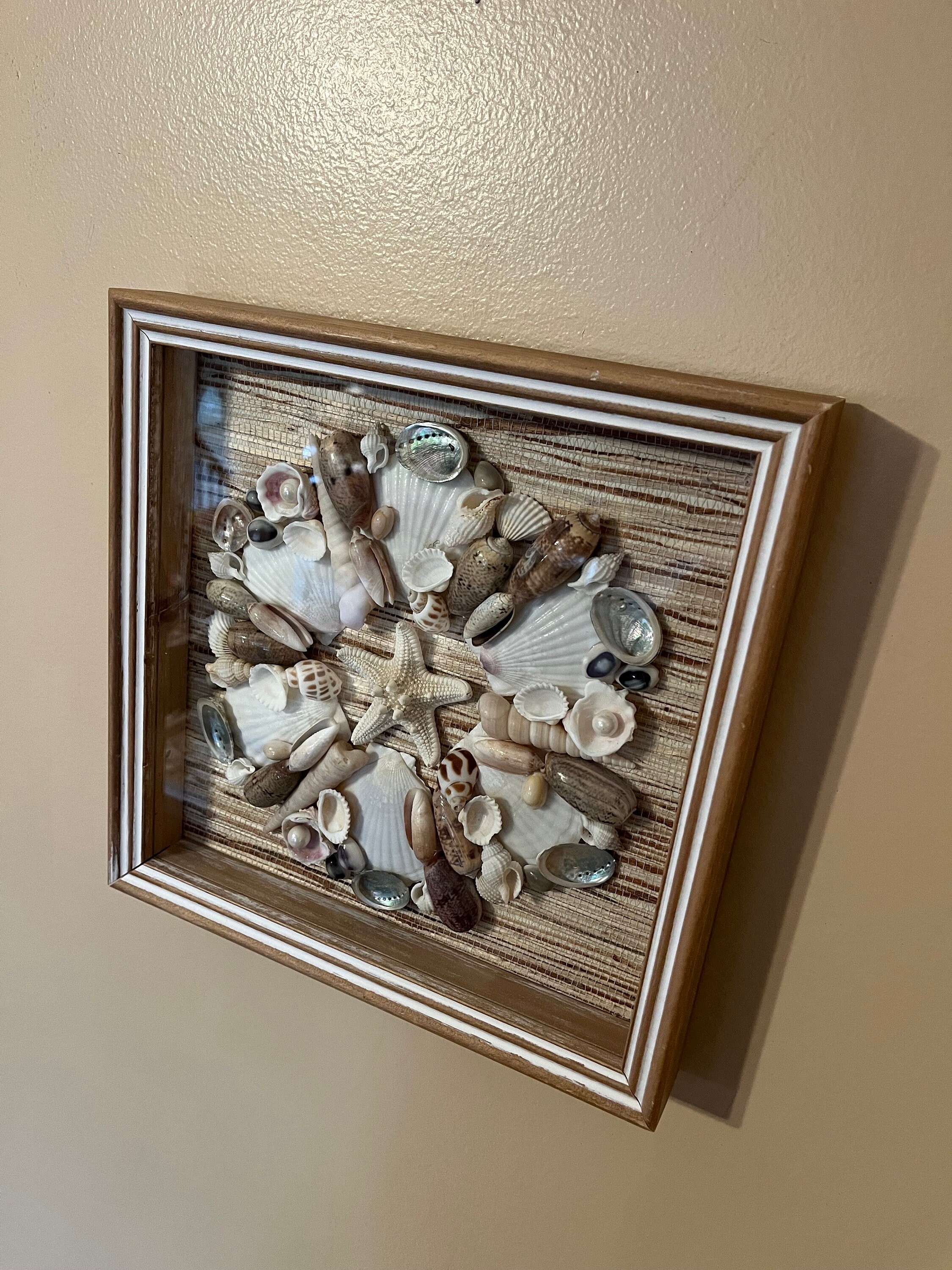 White Washed & Natural Square Seashell Shadowbox, Nautical Beachcomber ...