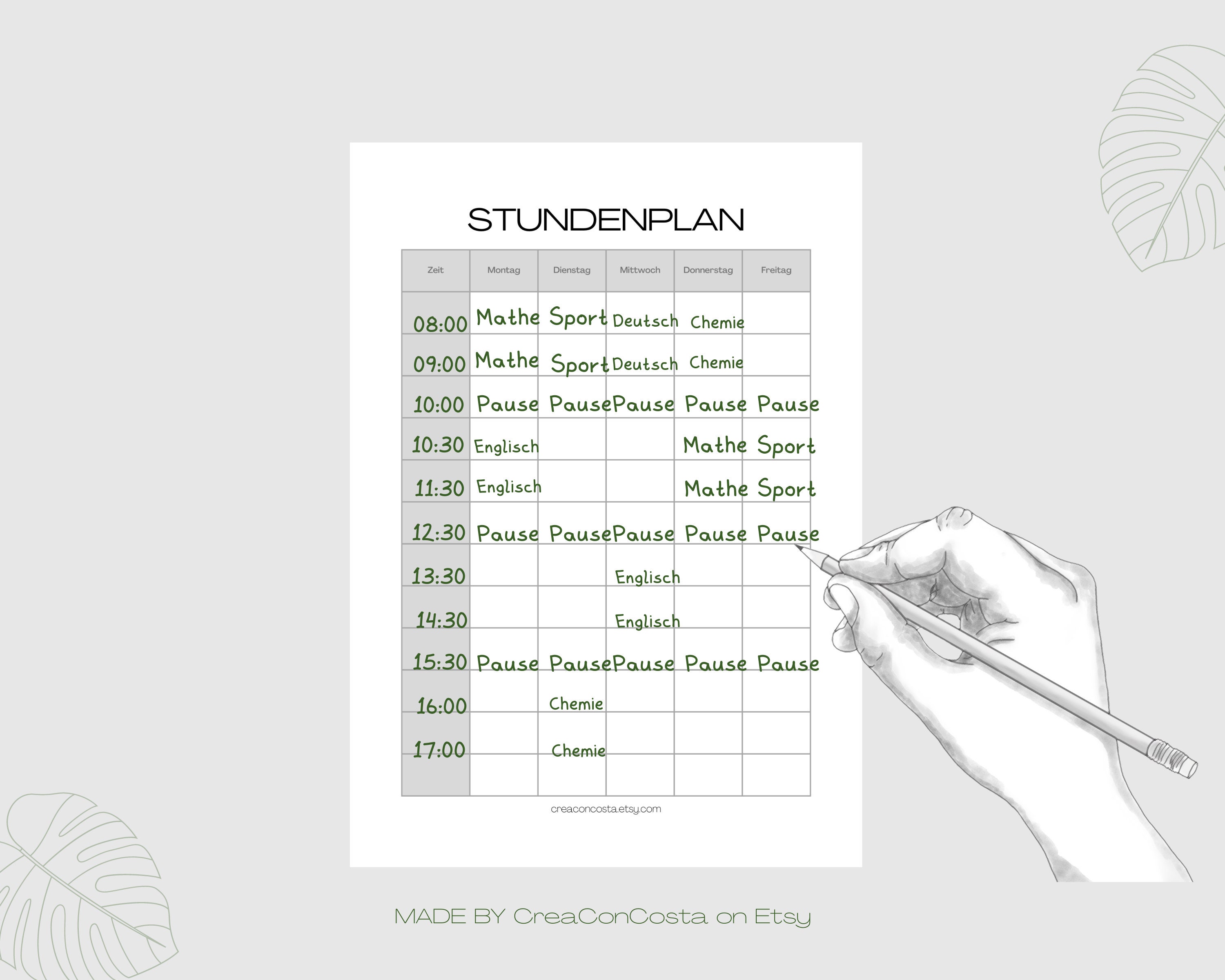 Timetable PDF Template A4 Landscape Format German / German to Print Out ...