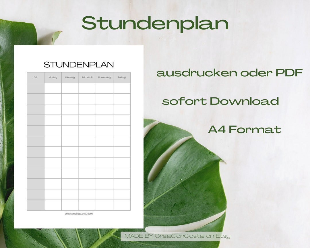 Timetable PDF Template A4 Landscape Format German / German to Print Out ...