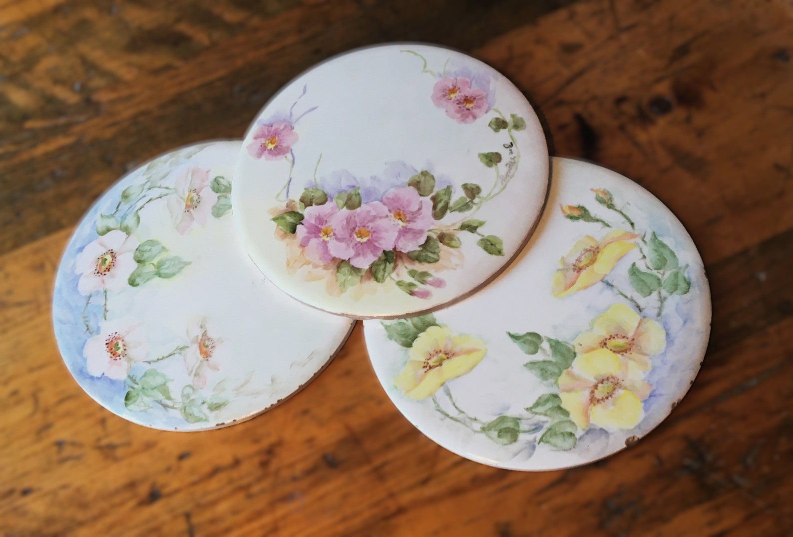 Ceramic Tile Trivets: Wheeling 1950s Hand-painted Flower Tiles Signed ...