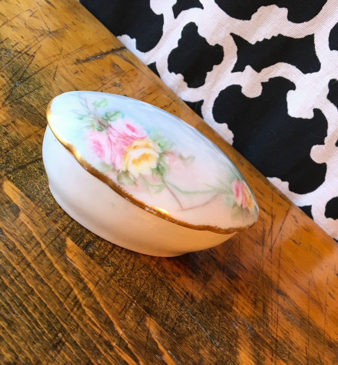 Antique Porcelain Trinket Box Hand-painted Pink Yellow Roses & SIGNED ...