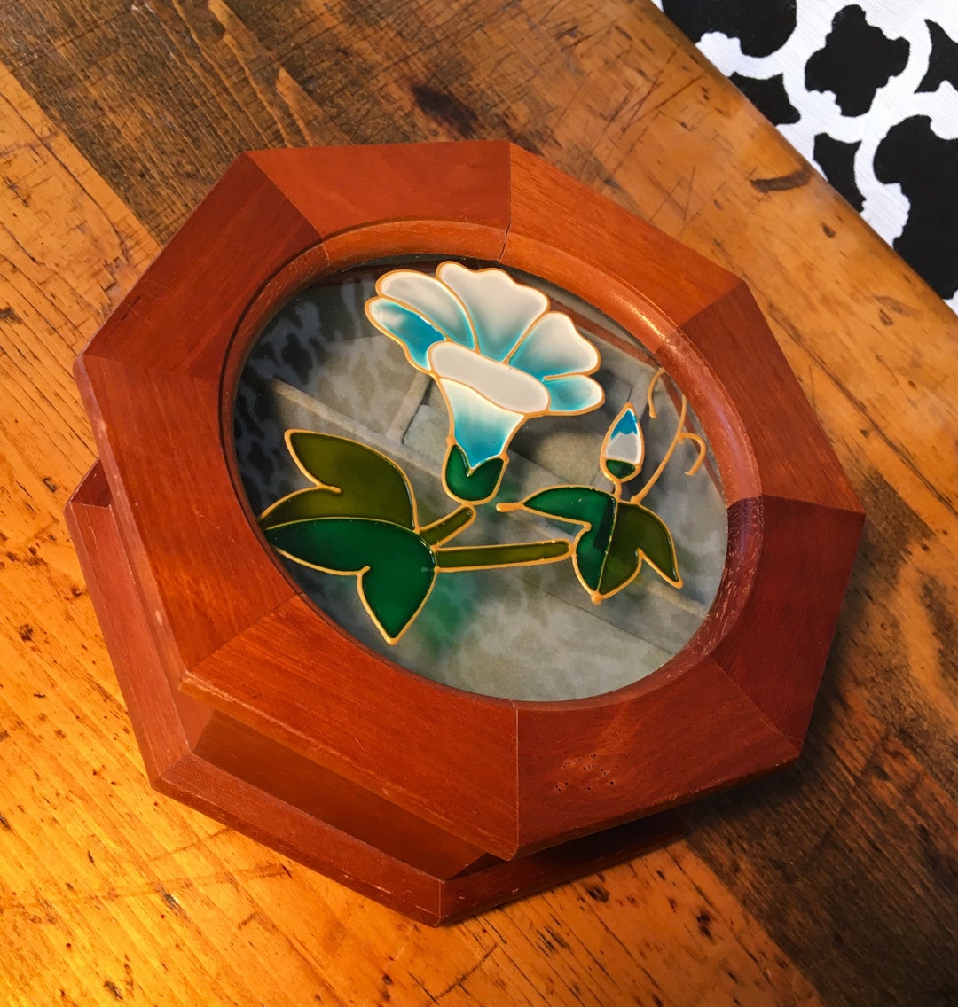 Mele Jewelry Box With Blue Velvet Lining: Morning Glory Flowers Stained ...