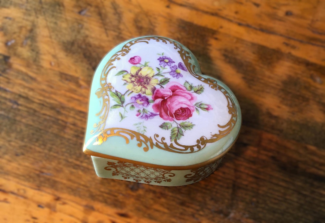 Floral Porcelain Heart Trinket Box With Gilt - Etsy