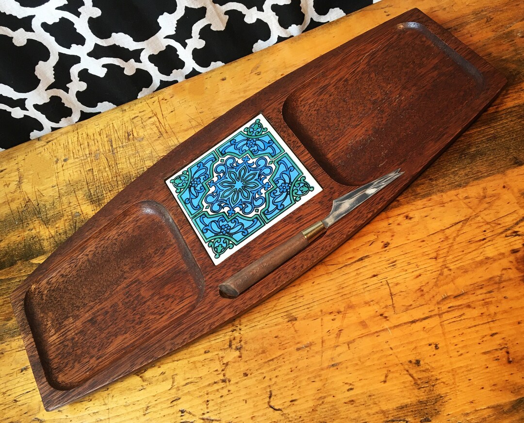 1960s Cheese & Crackers Board 1960s Imperial Japan Hand-carved Hardwood With Groovy Ceramic Tile ...