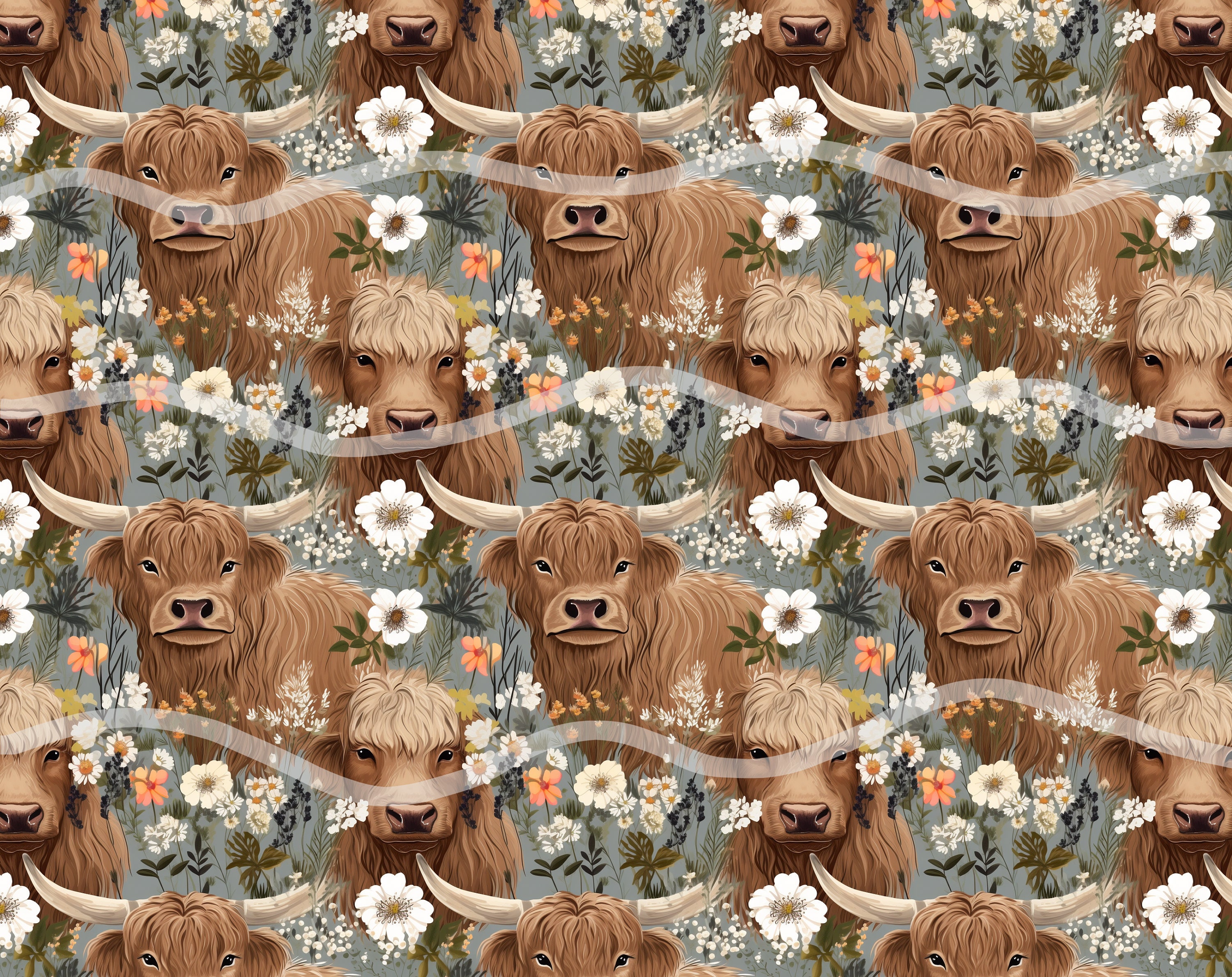 Seamless Pattern Boho Highland Cow Repeat Pattern Digital - Etsy