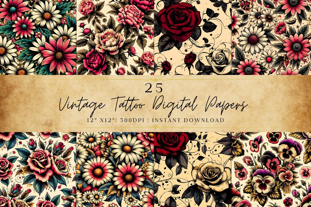Vintage Tattoo Digital Papers, Floral Tattoo Style Backgrounds ...