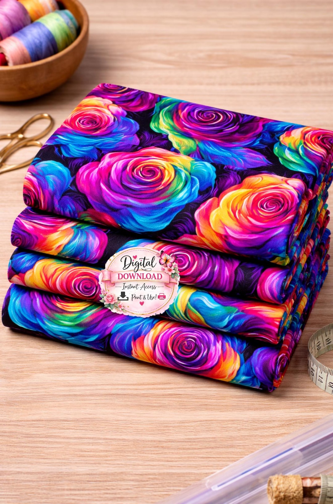Psychedelic Roses Seamless Pattern, Rainbow Floral Digital Paper ...