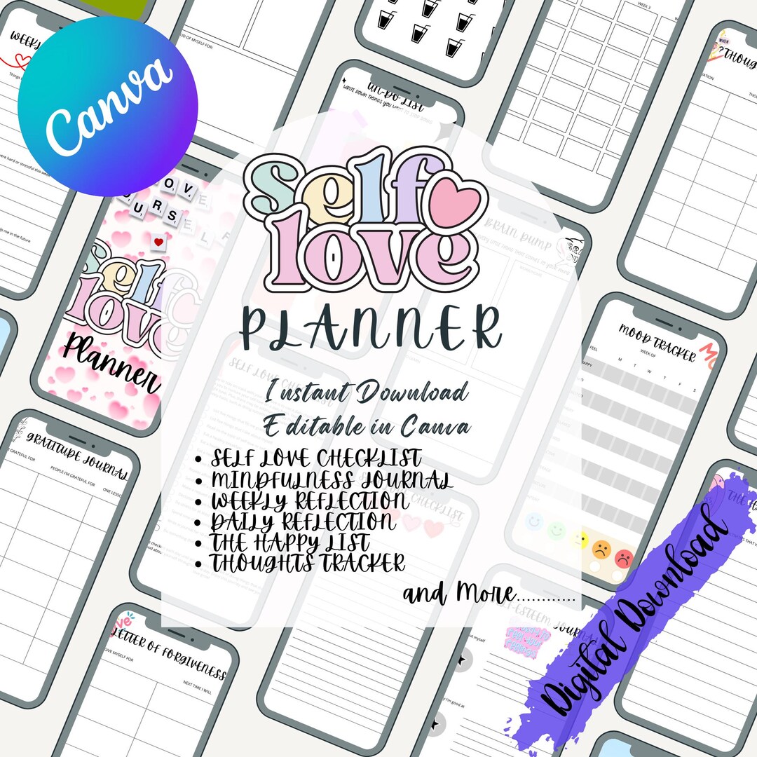 Digital Self Care Planner, Self Love Checklist & Happy List for ...