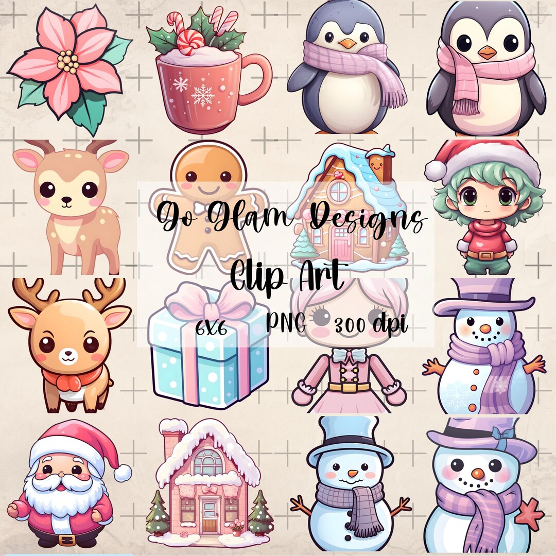 Pastel Kawaii Christmas Clip Art, Watercolor Clip Art, Transparent Png ...