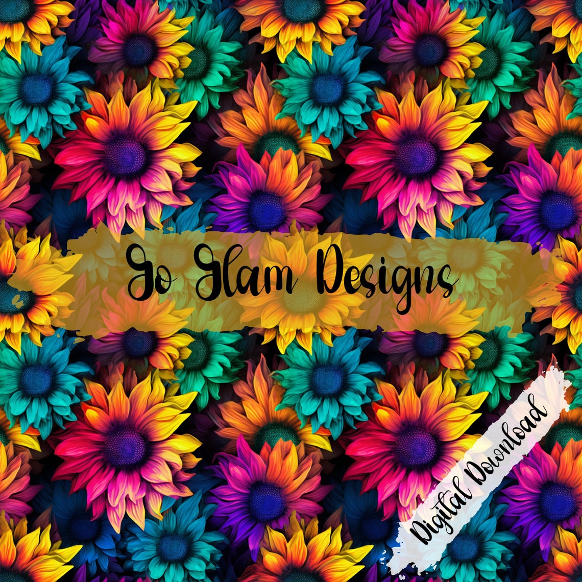 Neon Rainbow Sunflowers Seamless Pattern, Repeat Pattern, Digital ...